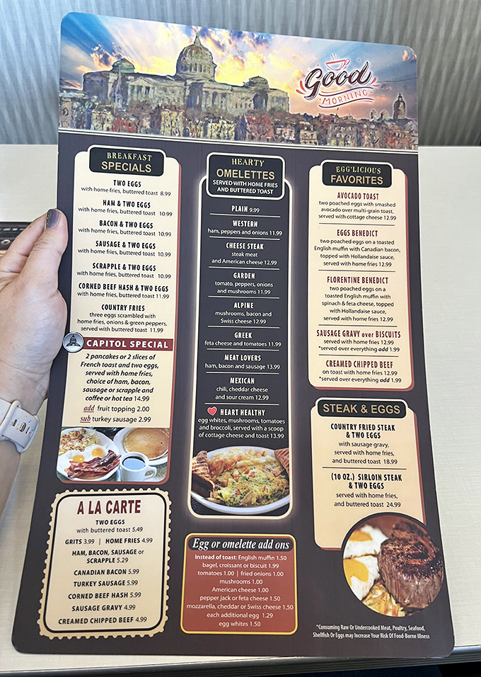 The menu tells you everything you need to know: this place takes breakfast seriously. That Capitol Special is calling my name!
