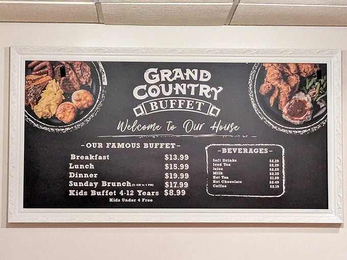 The menu board tells the whole delicious story—breakfast, lunch, dinner, and Sunday brunch. Your diet plan just called and said "take the day off."