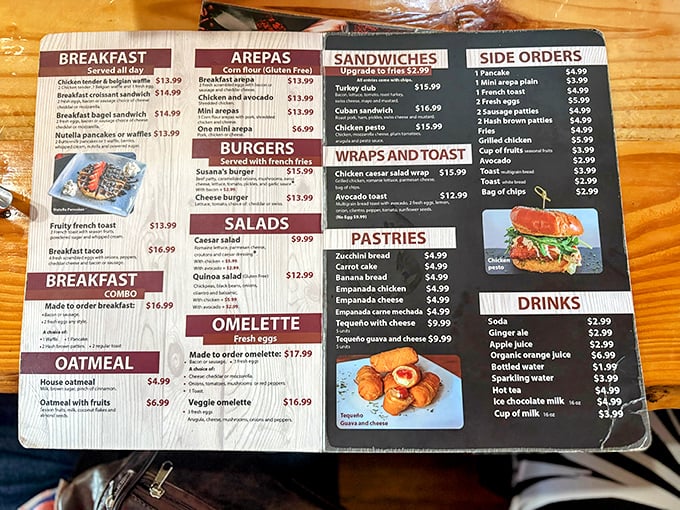 A menu that reads like a love letter to breakfast and Latin flavors. Warning: decision paralysis may occur when faced with this many delicious options.
