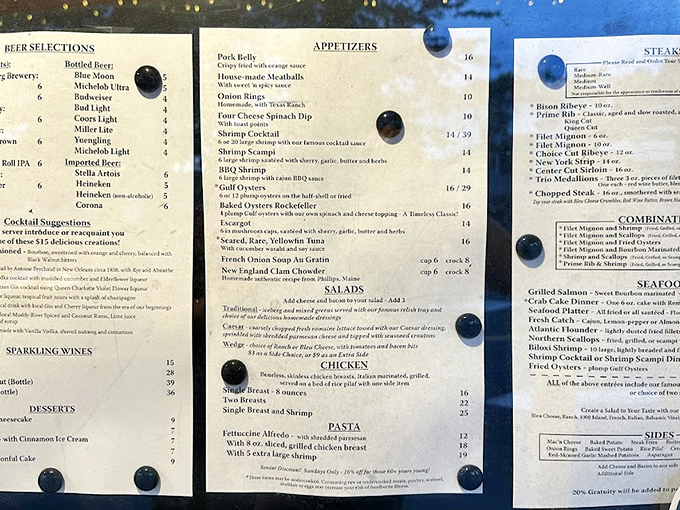 The menu reads like a love letter to carnivores. No molecular gastronomy or deconstructed nonsense here—just straightforward steakhouse classics that never go out of style.