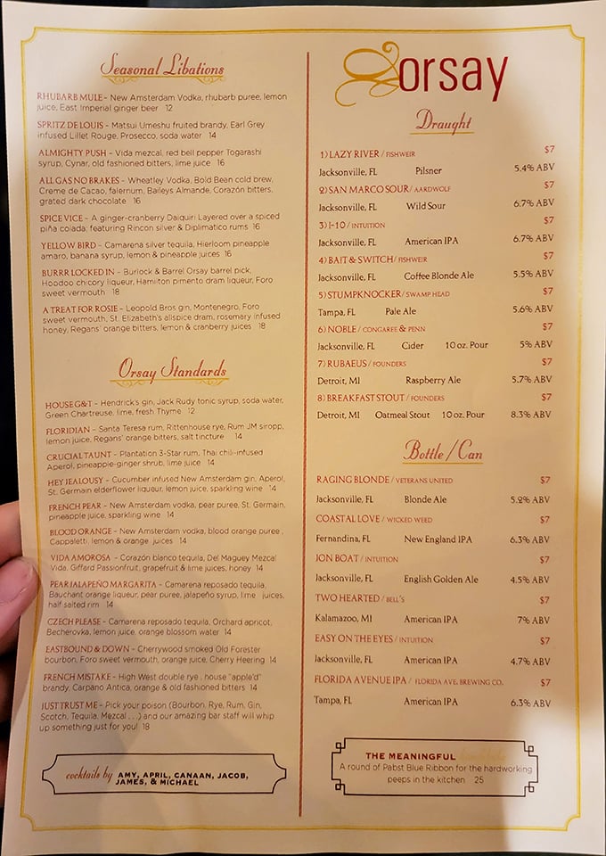 This cocktail menu reads like a passport to flavor country—with clever names like "French Mistake" and "Just Trust Me" that dare you to be adventurous.