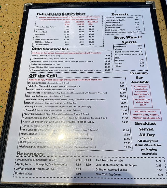 A menu that doesn't need fancy fonts or flowery descriptions – just the promise of deli classics that have stood the test of time. Breakfast all day? Now that's civilization.