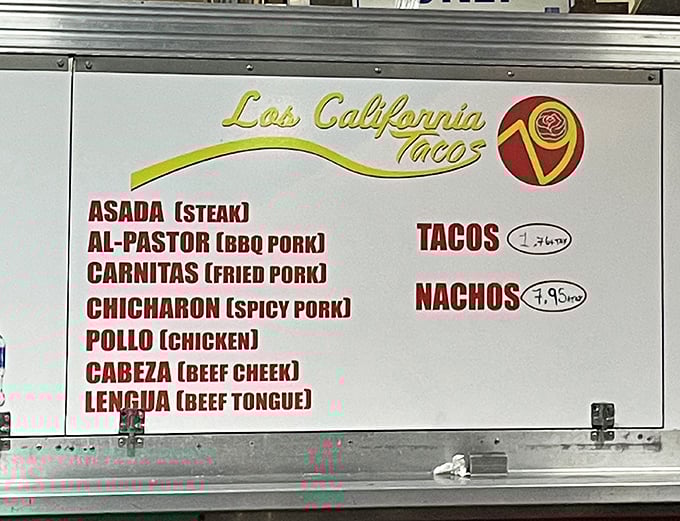 The menu board tells a delicious story in seven meat options—each one a different chapter in the great American taco romance.