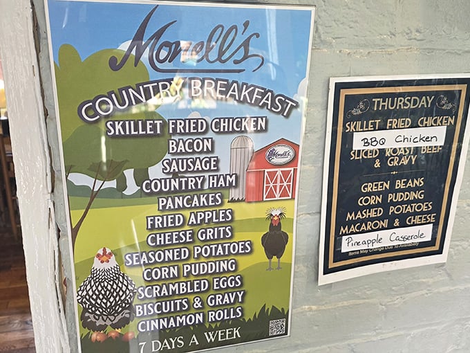 This menu board isn't just a list—it's a roadmap to happiness. Country breakfast with all the fixings, seven days a week!
