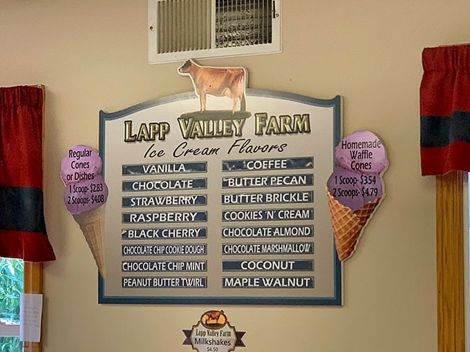 Flavor heaven on display! This menu board showcases farm-fresh options from classic vanilla to adventurous maple walnut—decisions, decisions.