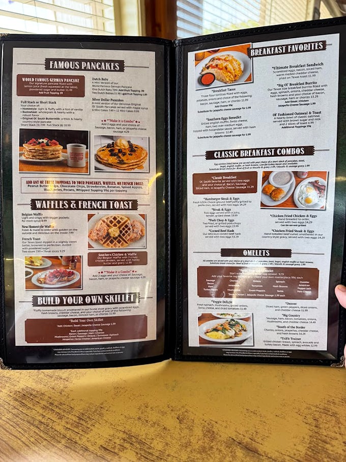 The menu reads like a love letter to American breakfast classics. Each page promises the kind of meal that makes you want to linger over one more coffee refill.