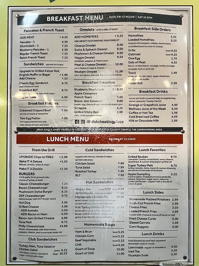 The menu board tells the story—straightforward Pennsylvania Dutch classics without pretension. Breakfast served until noon weekdays, 2pm Saturdays!