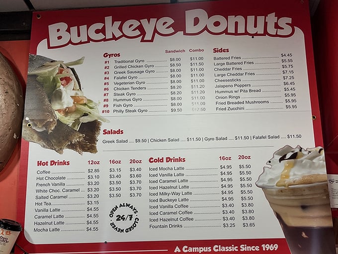 The menu board reads like a love letter to carbs—gyros and donuts living in perfect harmony under one roof.