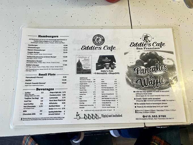 The menu at Eddie's is a roadmap to comfort food paradise – straightforward classics without pretension, where pancakes and waffles get equal billing with burgers.