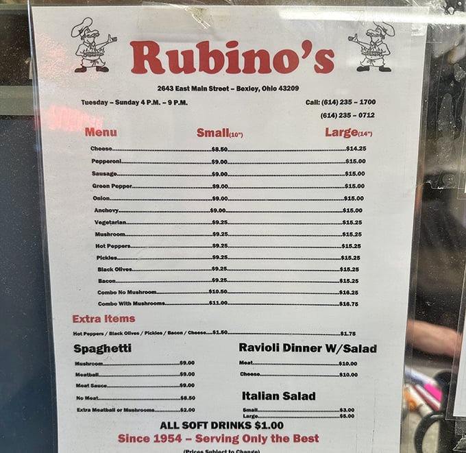 A menu so straightforward it's practically poetry—no fusion confusion, no trendy ingredients, just pizza perfection that hasn't needed updating since Eisenhower was president.