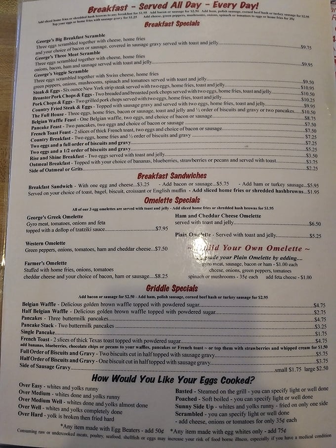 The breakfast menu reads like a love letter to morning indulgence. Two words jump out immediately: biscuits and gravy.