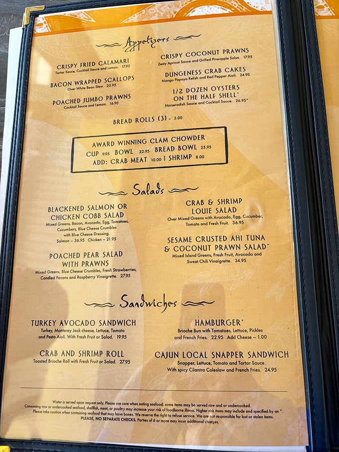 This isn't just a menu—it's a treasure map to oceanic delights. The award-winning clam chowder alone is worth the pilgrimage to Monterey's shores.