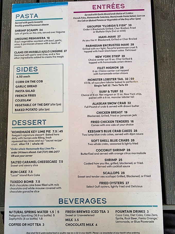 A menu that reads like poetry to seafood lovers. Notice the "Monster Lobster" and homemade Key Lime pie – they're not kidding about either. 