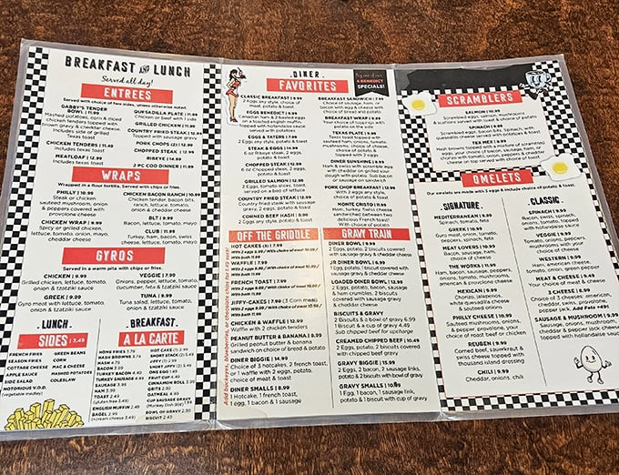 The menu reads like a love letter to American comfort food classics, with each checkered border promising satisfaction without apology.