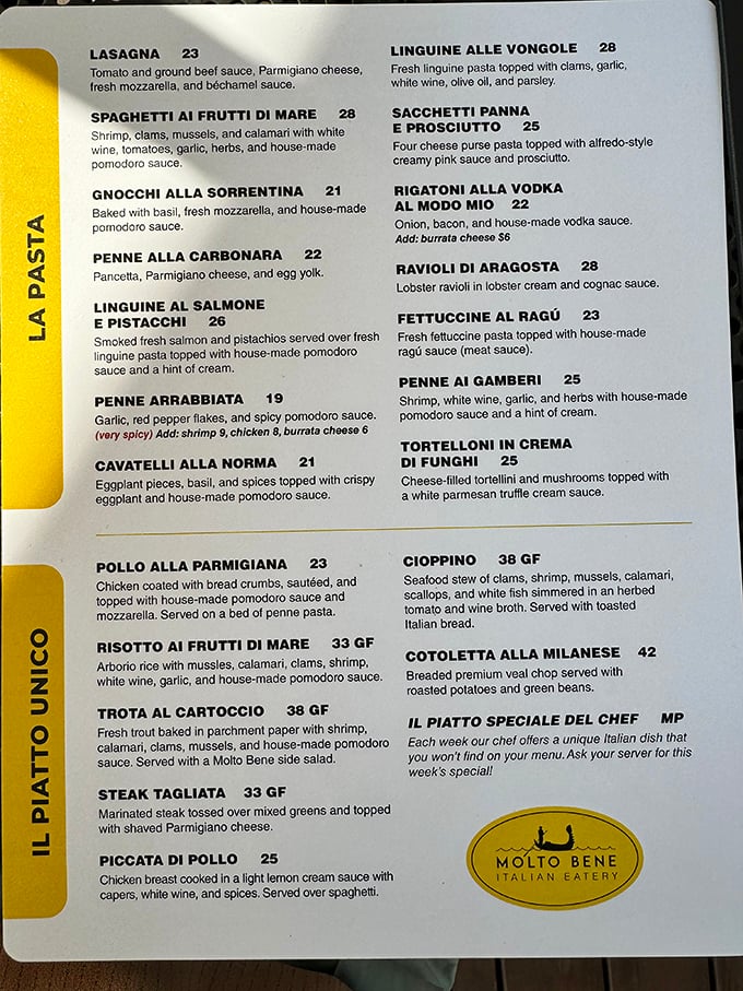 The menu reads like a love letter to Italian cuisine—each dish a promise of the culinary romance about to unfold on your plate.