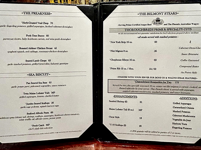 The menu reads like a love letter to carnivores and seafood enthusiasts alike. "The Preakness" and "The Belmont Steaks" sections cleverly nod to the restaurant's racing theme.