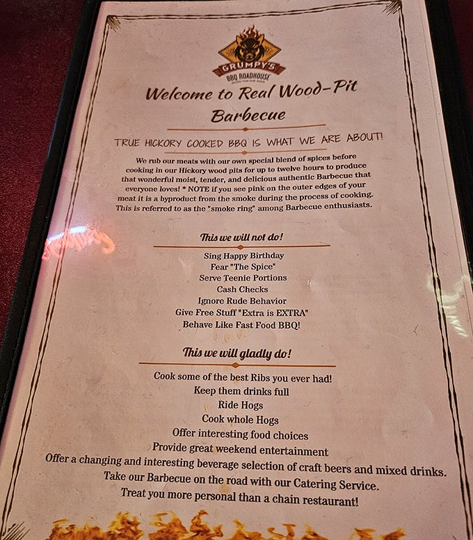A menu that tells you exactly what they won't do? Now that's honesty you can taste. Twelve hours of hickory smoking isn't just a technique—it's a commitment.