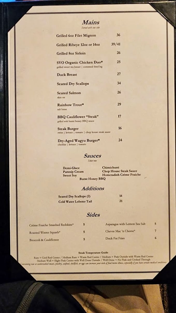 This menu isn't just a list—it's a declaration of culinary intent. From filet mignon to cauliflower "steak," everyone gets their moment of glory.