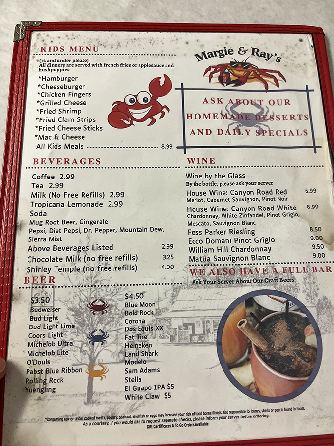 A kids' menu that doesn't talk down to young palates – proving that seafood appreciation starts early in Virginia Beach. That smiling cartoon crab knows what's up.