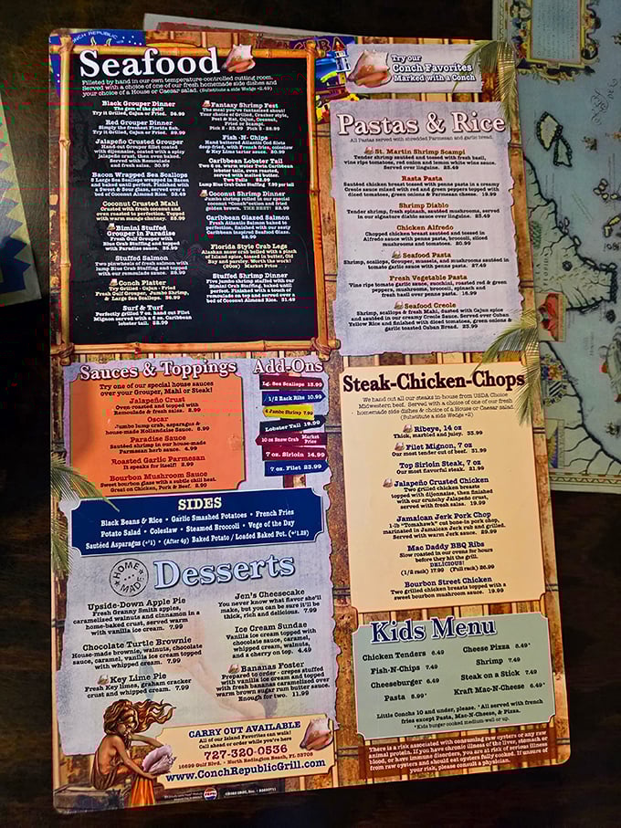 The menu reads like a love letter to seafood lovers—each description promising flavors that'll have you planning your next visit before the check arrives.