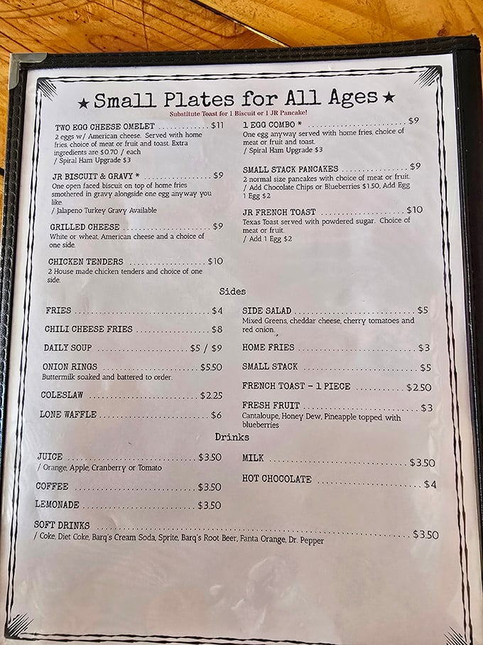 The menu reads like a love letter to American classics. That "Small Plates for All Ages" section? Pure genius for light eaters and grandkids alike.