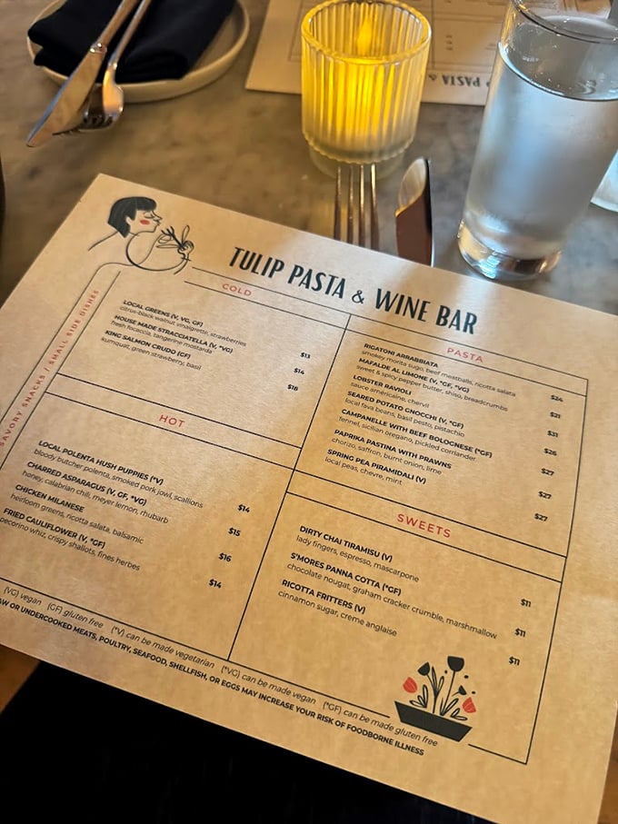 A menu that reads like a love letter to Italian cuisine, with sections simply labeled "Cold," "Hot," "Pasta," and "Sweets" – brevity that belies brilliance.