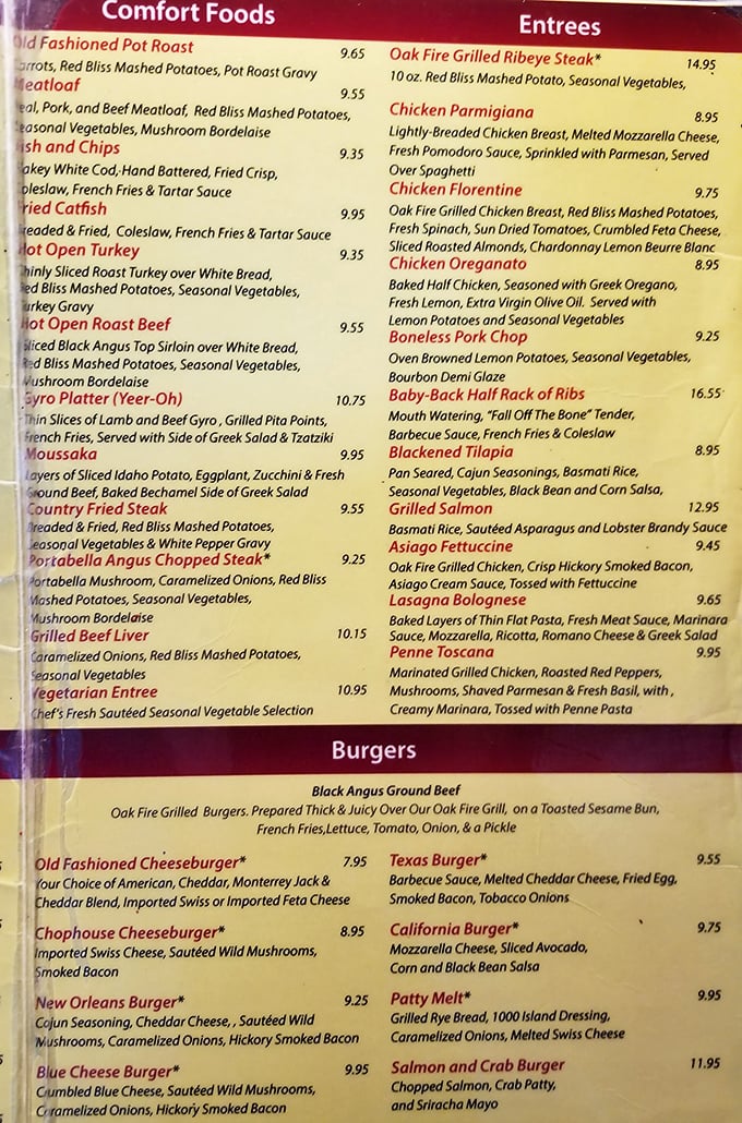 A menu that reads like comfort food poetry. Each description promises a journey to the land of "I shouldn't have another bite, but watch me."