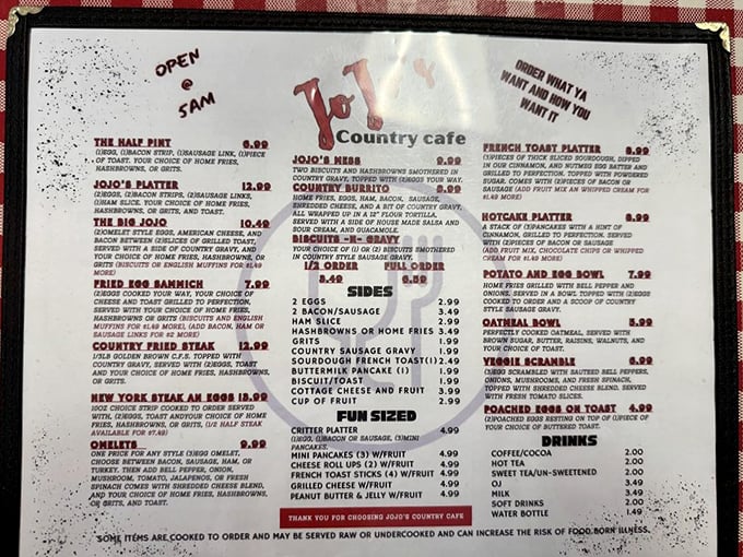 The menu at JoJo's reads like a love poem to American breakfast classics. That Country Burrito isn't just listed—it's practically highlighted with invisible neon.