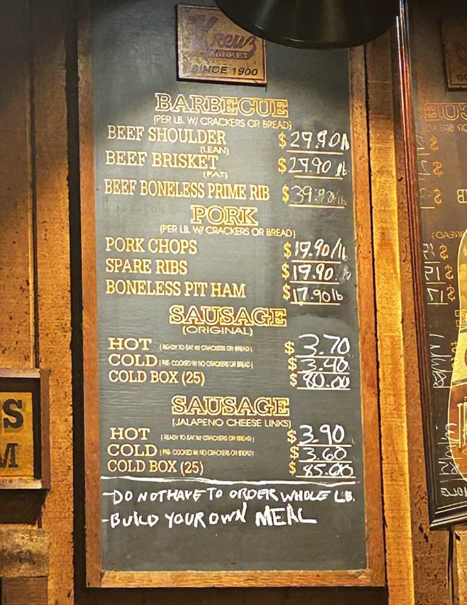 No-nonsense pricing that would make your Depression-era grandparents proud – just meat, weight, and destiny on a chalkboard.