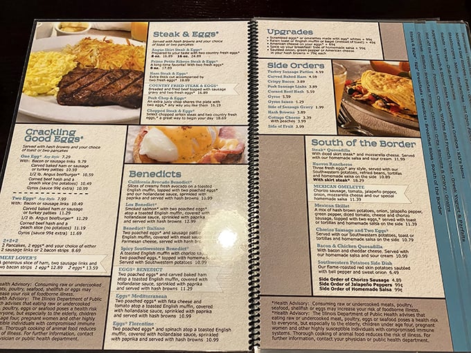 A menu that reads like a love letter to breakfast classics. Each page promises the kind of satisfaction that makes you plan your next visit.
