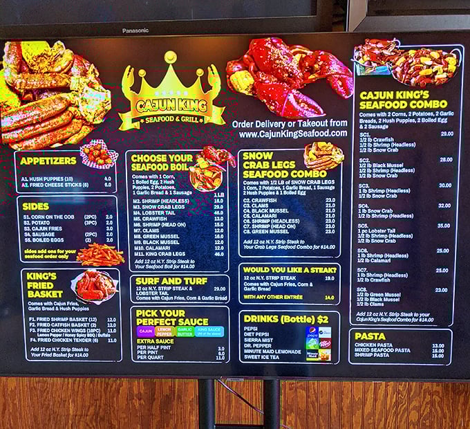While this appears to be a Cajun King seafood menu, Chow Time offers similar variety—from fried baskets to seafood combos that satisfy every craving.