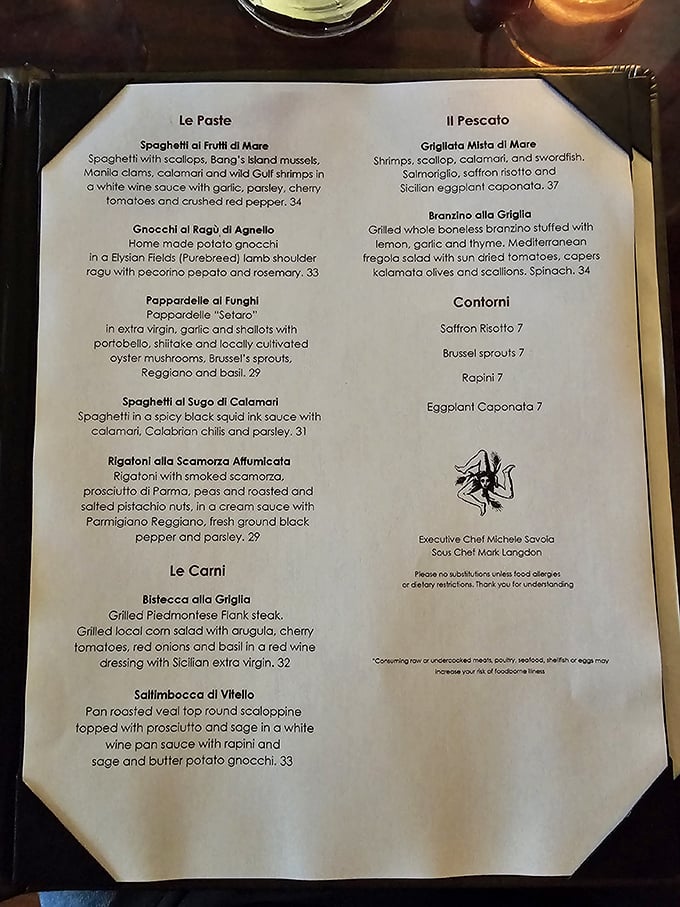 The menu reads like a love letter to Italian coastal cuisine—seafood, handmade pasta, and meat dishes that would make nonna weep.