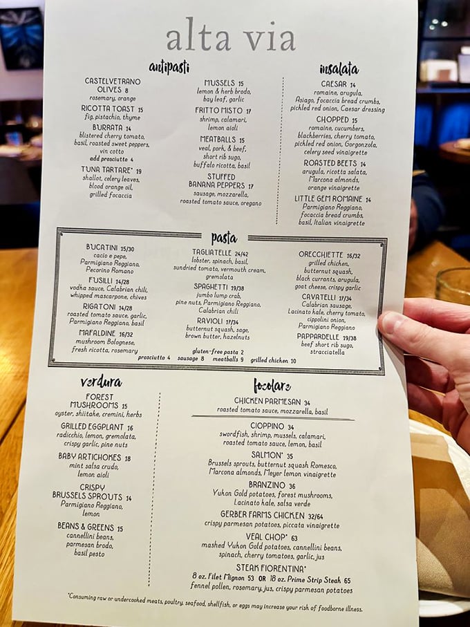 This menu isn't just a list – it's a roadmap to happiness with "burrata" as the ultimate destination.