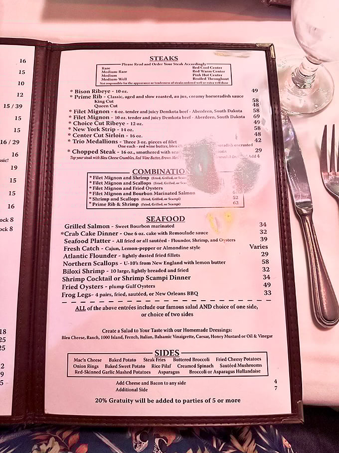 The menu reads like a love letter to carnivores, with prime cuts and seafood classics that have stood the test of time.