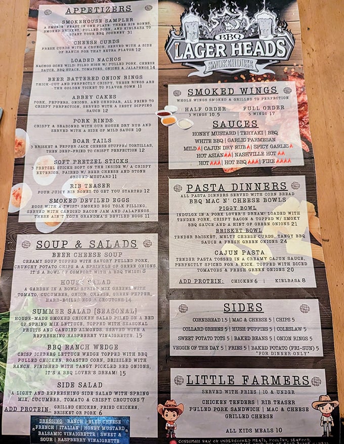 A menu that reads like poetry to carnivores. Each description promises smoky delights that'll have you planning your next visit before finishing your first meal.