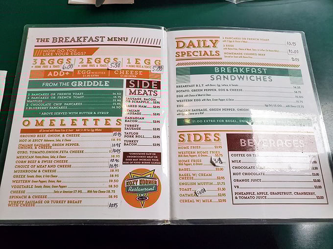 The breakfast menu – a sacred text of morning possibilities. No avocado toast revolution has touched these hallowed pages.