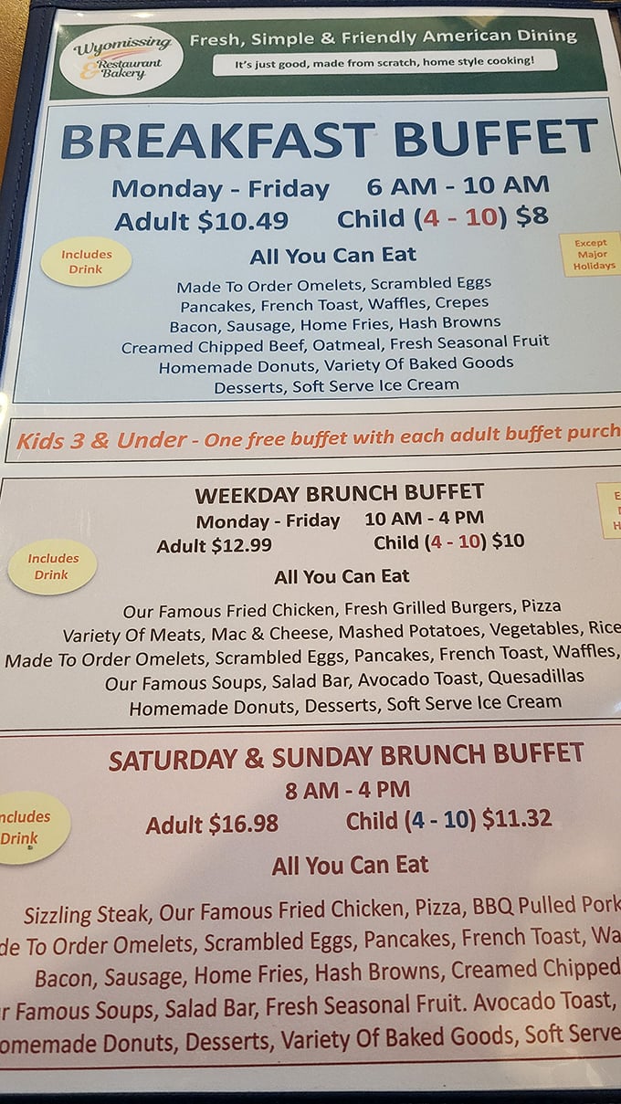 This menu isn't just a list—it's a roadmap to happiness with all-you-can-eat options that make your belt quietly whisper, "Good luck."