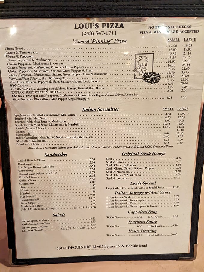 A menu that hasn't needed updating since bell-bottoms were in fashion—because perfection doesn't require trendy reinvention.
