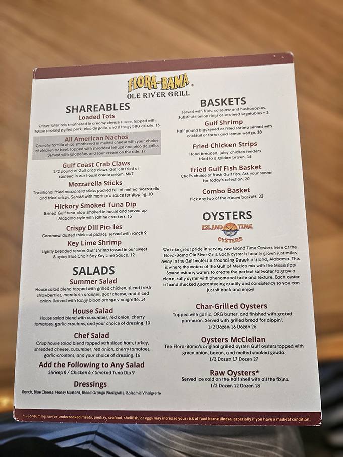 The menu reads like a love letter to the Gulf – Island Time Oysters, Gulf shrimp, and Key Lime delights that make decision-making deliciously difficult.