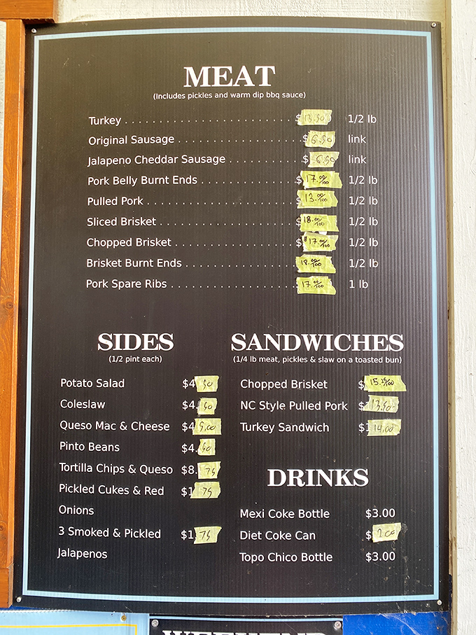 A menu of smoked treasures that reads like poetry to carnivores. Each handwritten price tag represents hours of smoky dedication.