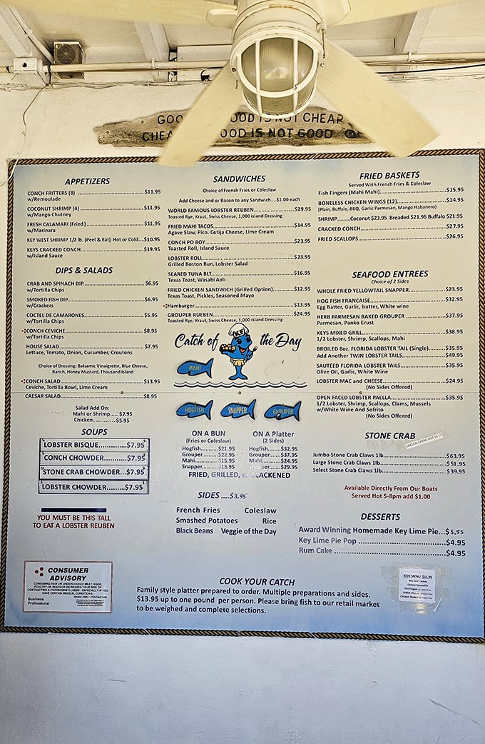 This menu isn't just a list of options—it's a treasure map to seafood nirvana. "The claws are click'n and the tails are flip'n" indeed!