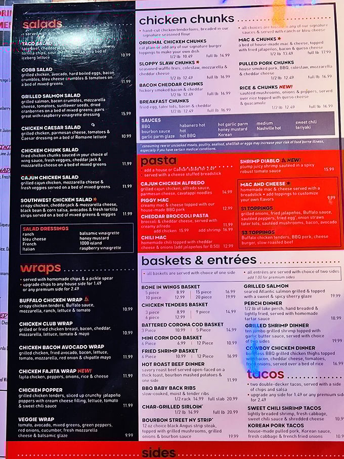 This menu isn't just a list—it's a roadmap to flavor town with detours through BBQ paradise and burger bliss.