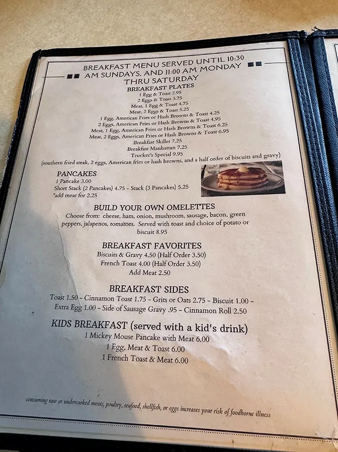 The breakfast menu reads like a love letter to morning comfort food, with the "Trucker's Special" promising enough fuel to power you through anything the day might throw your way.