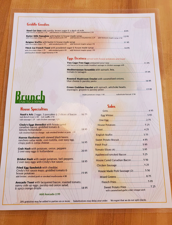 This menu isn't just a list of food—it's a roadmap to happiness with stops at Buttermilk Pancake Town and Huevos Rancheros Village.