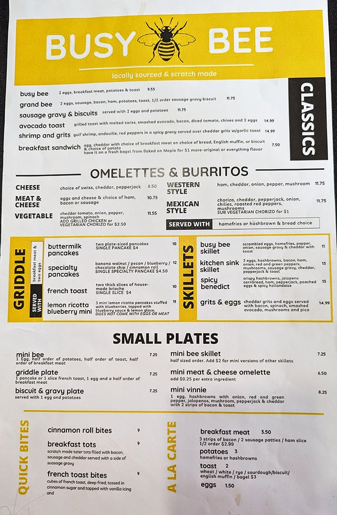 This menu isn't just a list of options—it's a roadmap to happiness. The "locally sourced & scratch made" promise isn't trendy marketing; it's the Busy Bee way of life.