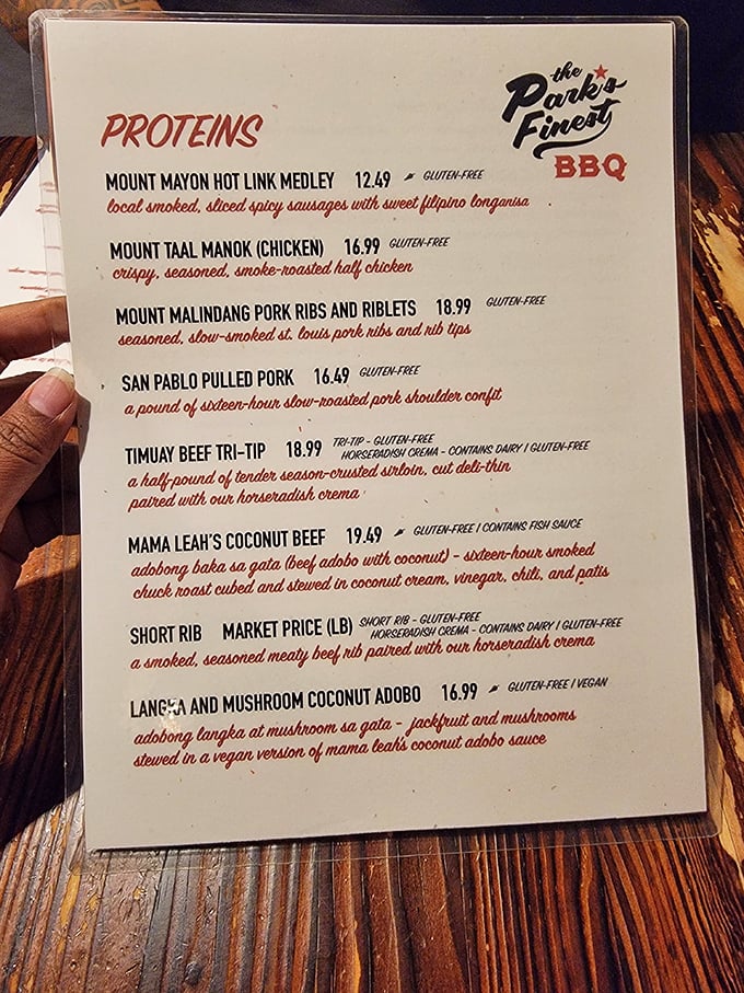 This isn't your grandfather's barbecue menu. Mount Mayon Hot Links and Mama Leah's Coconut Beef showcase the Filipino-American fusion that makes this place special.