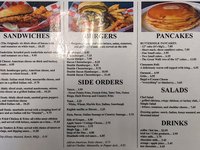 This menu isn't just a list of food—it's a roadmap to happiness. Notice how "PANCAKES" deserves all-caps? That's not typographical coincidence, folks.