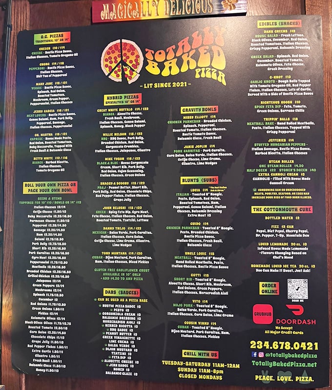 A menu that reads like a rock festival lineup from 1969. "Willie Nelson" isn't just a country legend here—it's dinner with mushrooms and spinach.