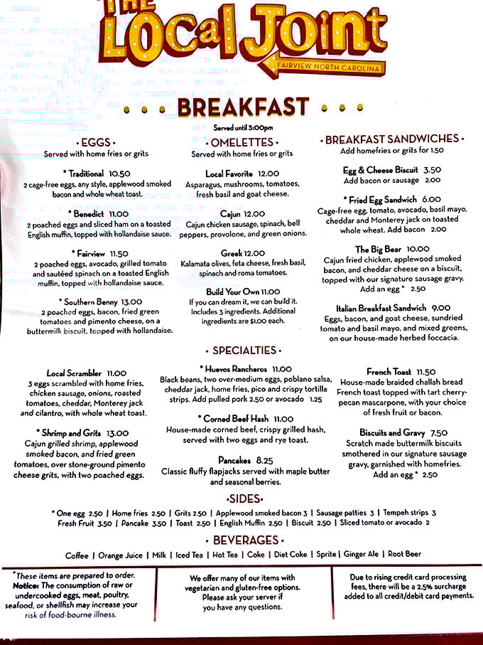 A menu that reads like a love letter to Southern breakfast traditions. Each description promises comfort wrapped in culinary skill.
