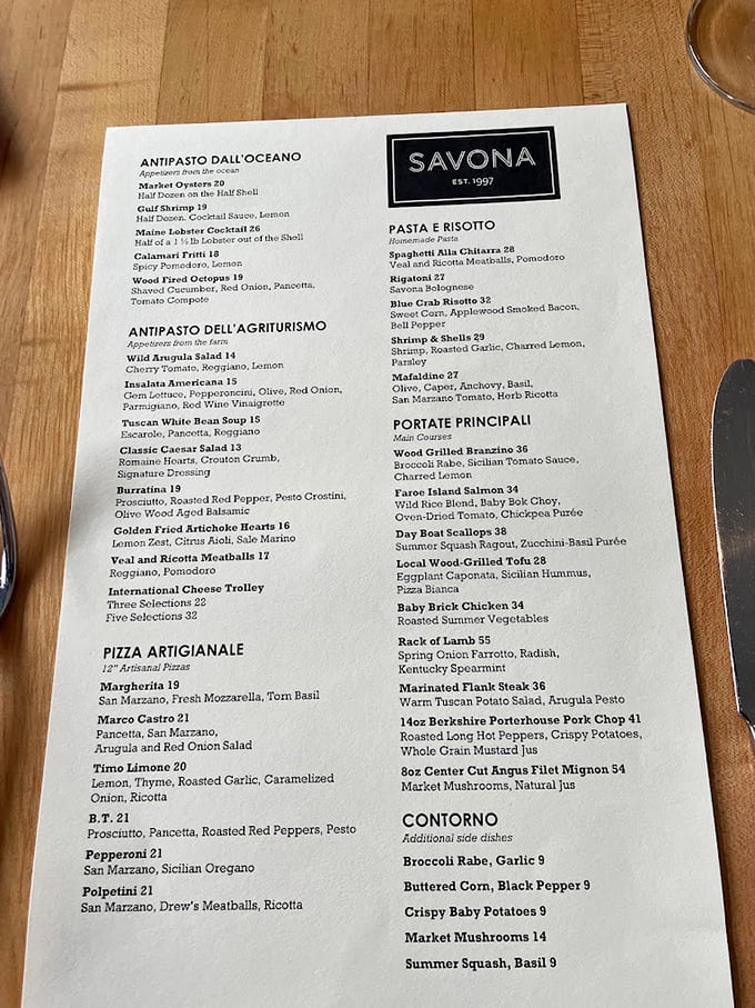 A menu that reads like poetry for food lovers. The "Antipasto Dall'Oceano" section alone might bring a tear to your eye.